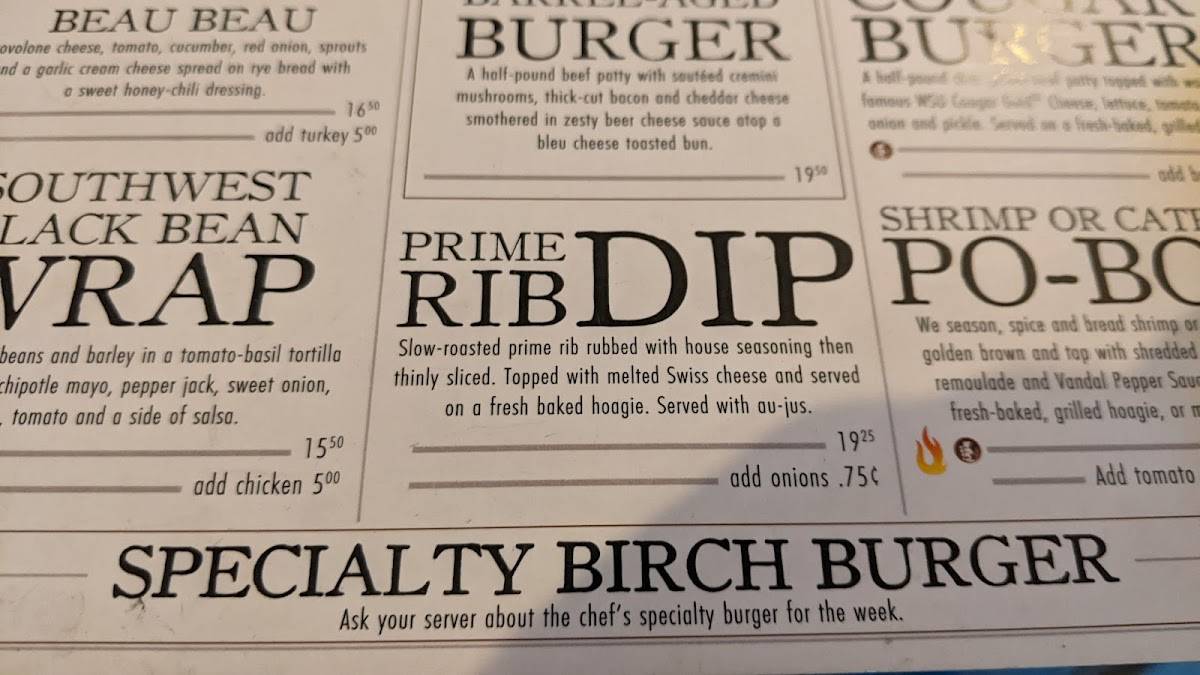 Menu at Birch and Barley, Pullman