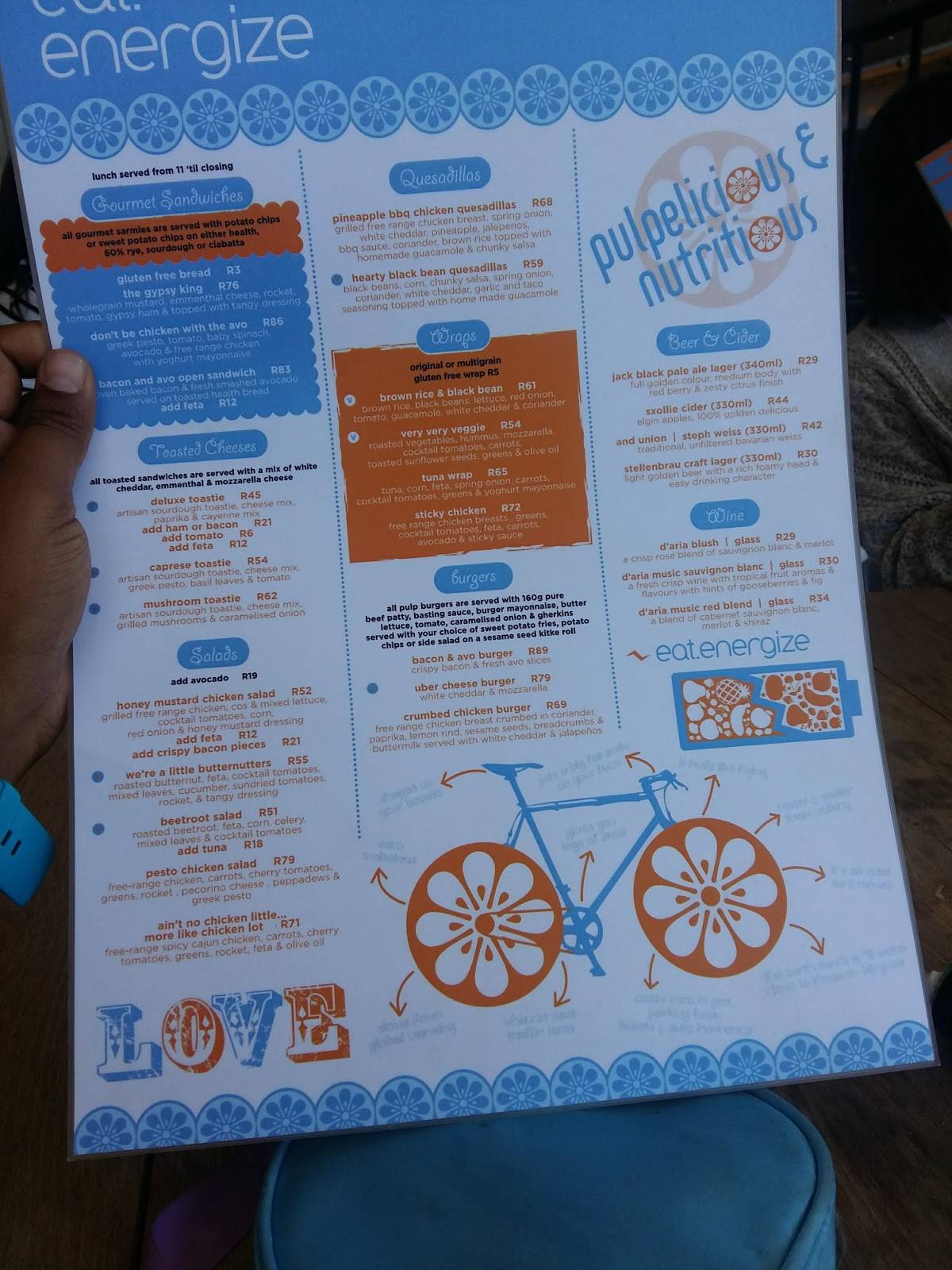 Carta del café Pulp Kitchen Willowbridge Shopping Centre, Ciudad del Cabo