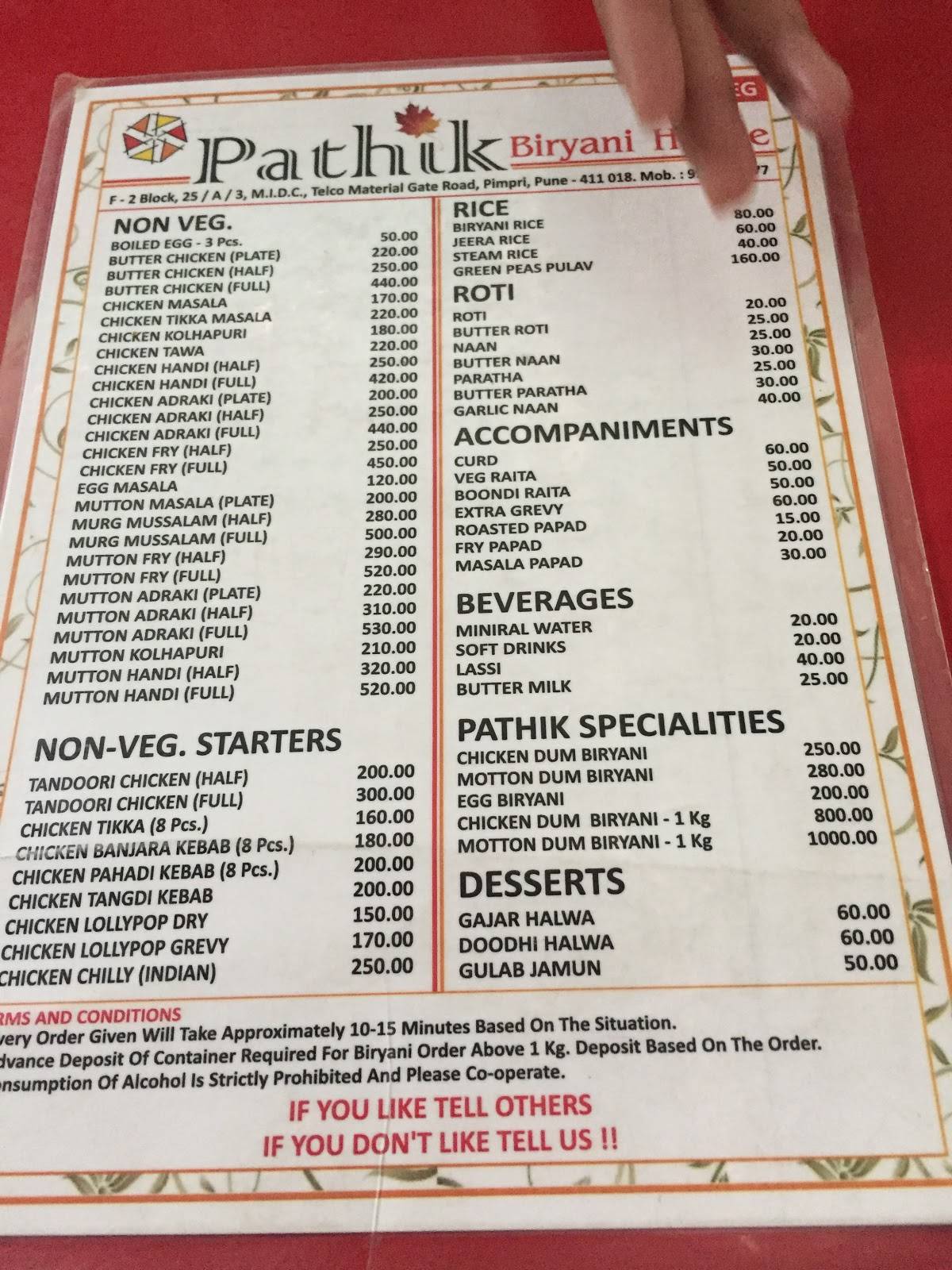 Menu at Pathik Biryani House, Pimpri-Chinchwad, CV Plant