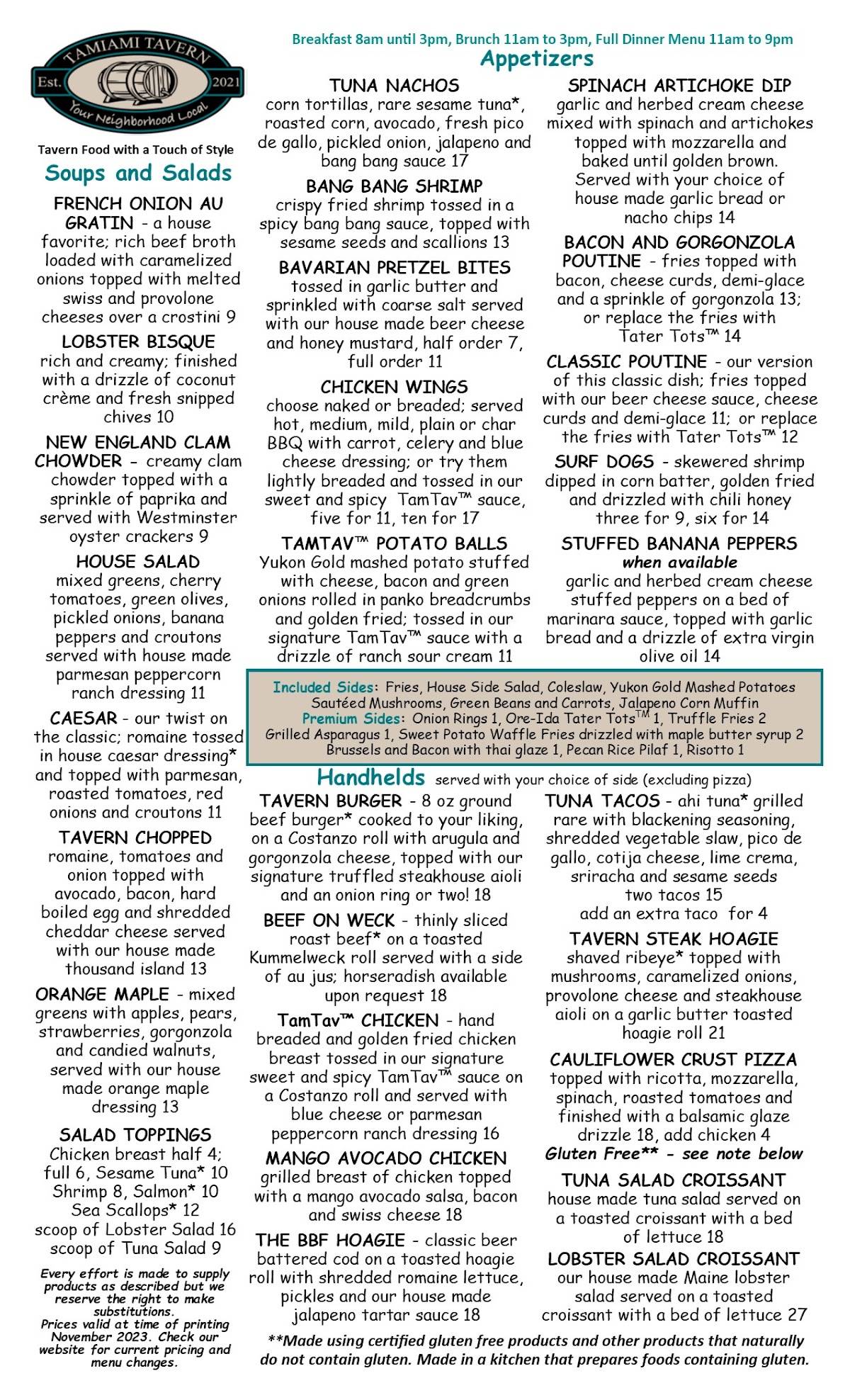 Menu at Tamiami Tavern restaurant, Punta Gorda