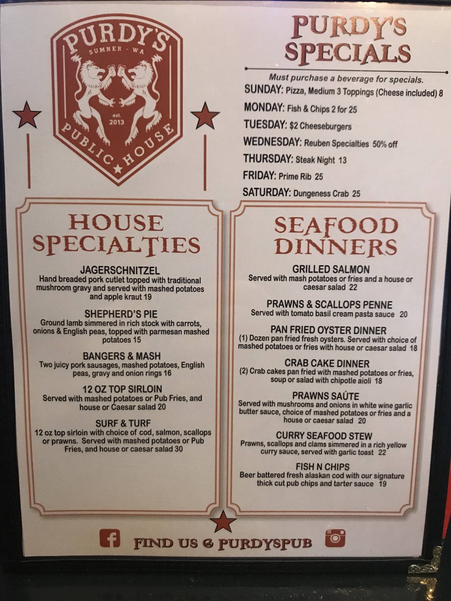 Menu at Gordon and Purdy's pub & bar, Sumner, 64th St E