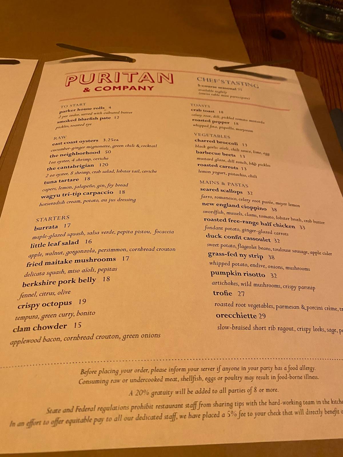 Menu at Puritan & Company pub & bar, Cambridge