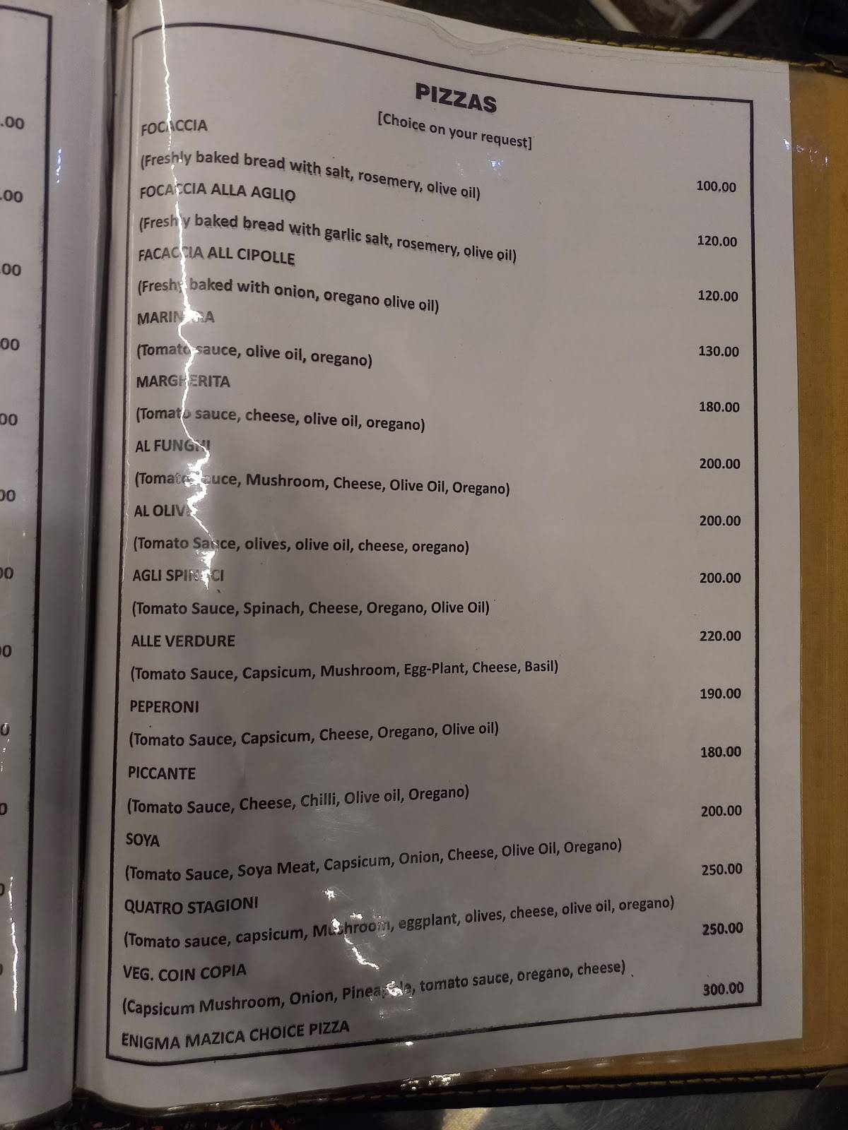 Menu at The Enigma Cafe, Pushkar