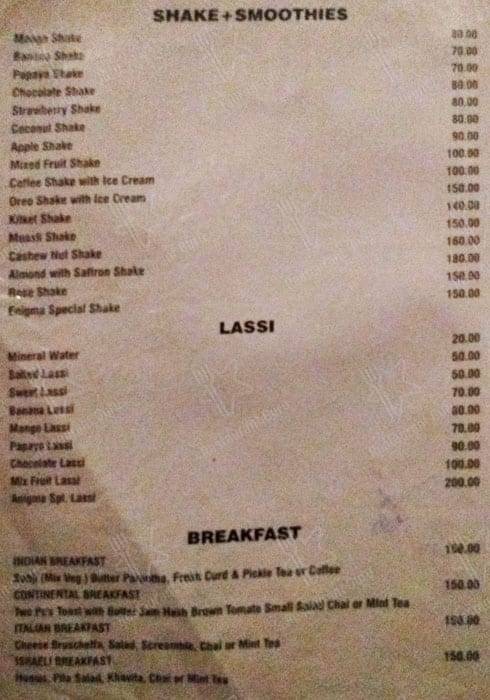 Menu at The Enigma Cafe, Pushkar