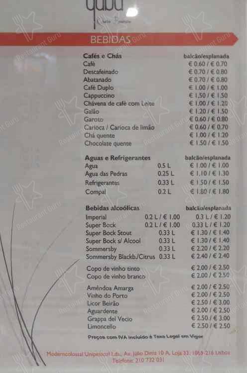 Menu em QuBa Quatro Bandeiras, Lisboa