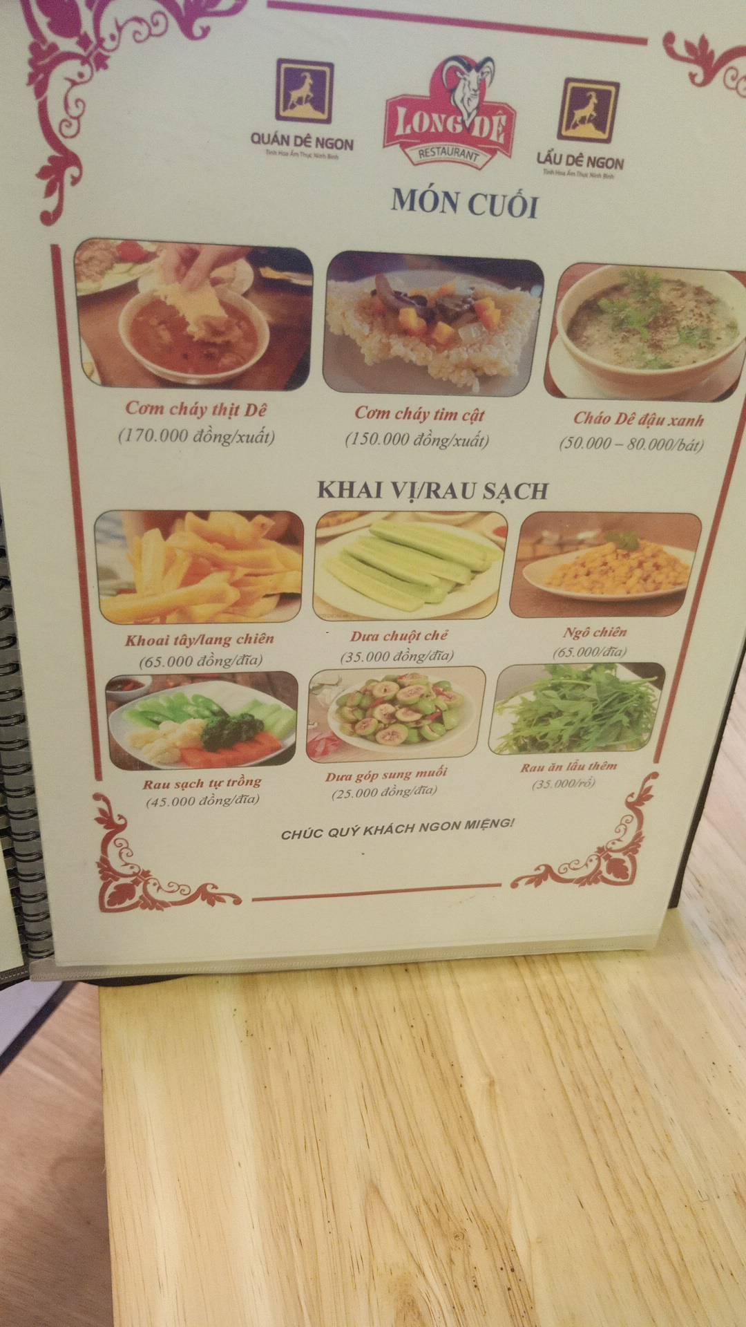 Menu at Quán Dê Ngon restaurant, Hanoi