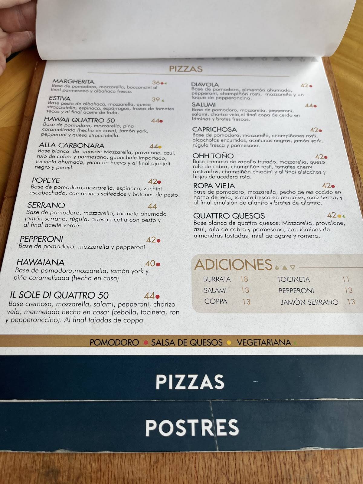 Carta de Quattro 50 Pizza & Bar, Bogotá