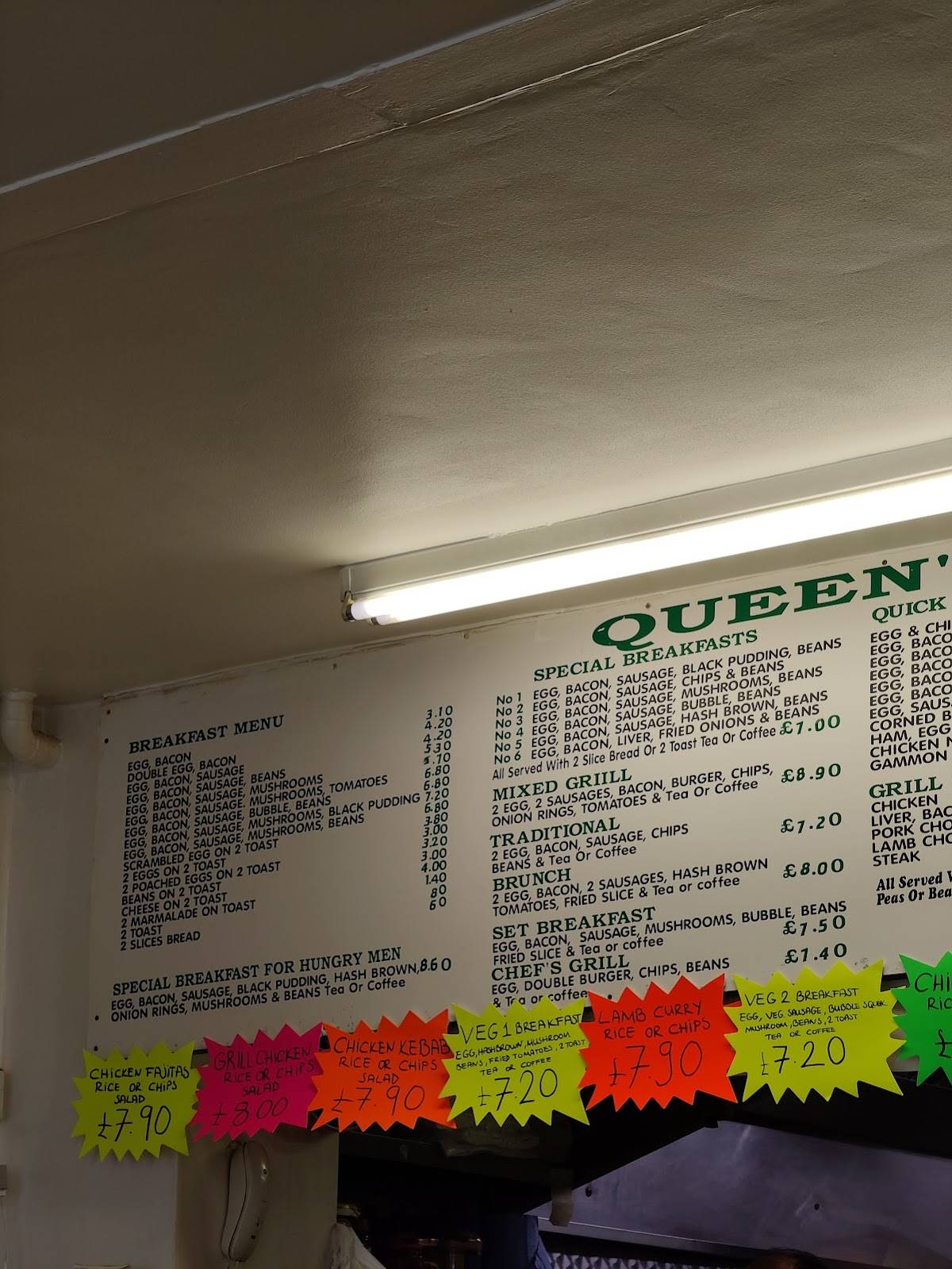 Menu at Queen's Diner cafe, London