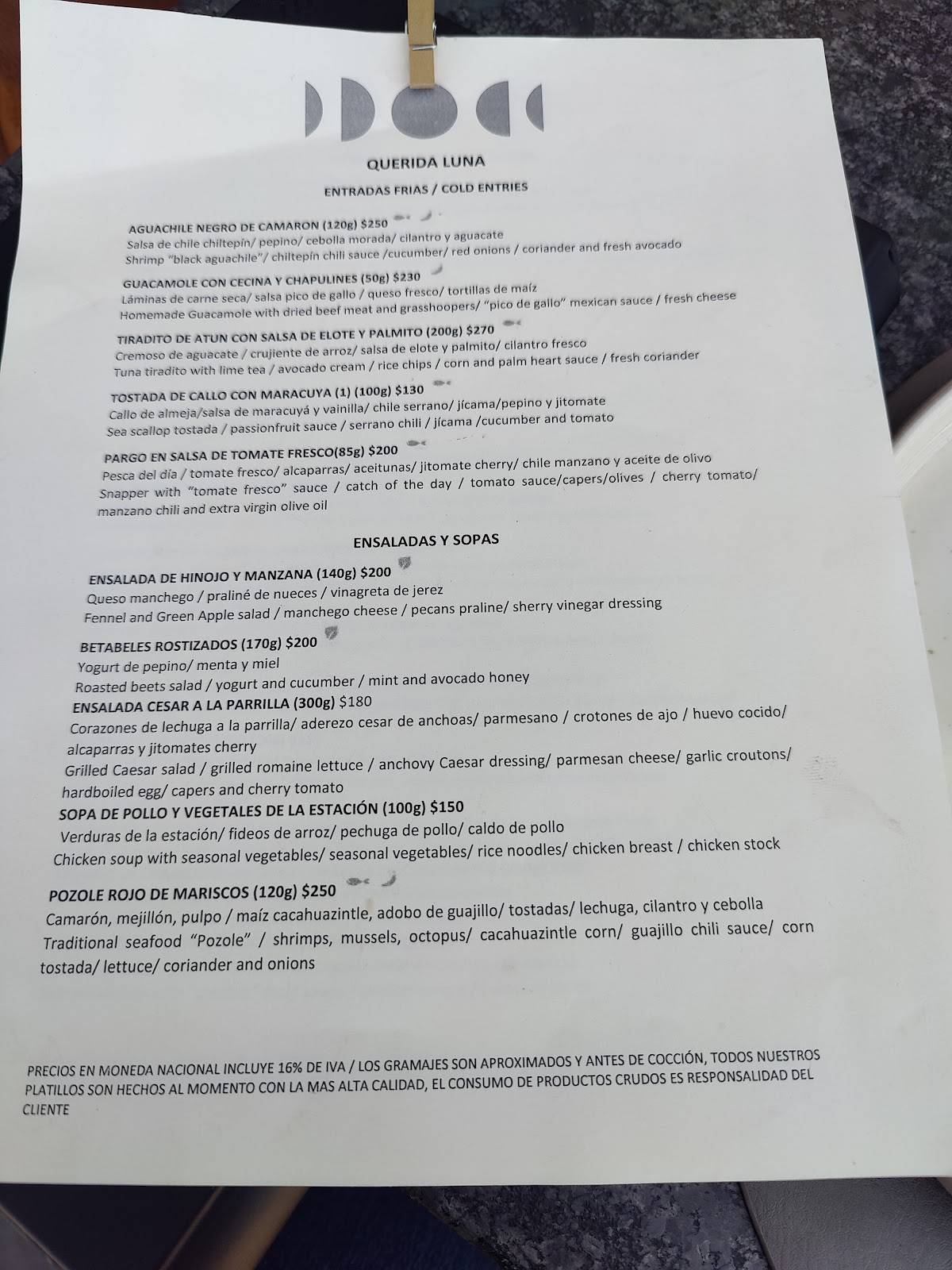 Menu at Querida Luna Restaurant, Guadalajara