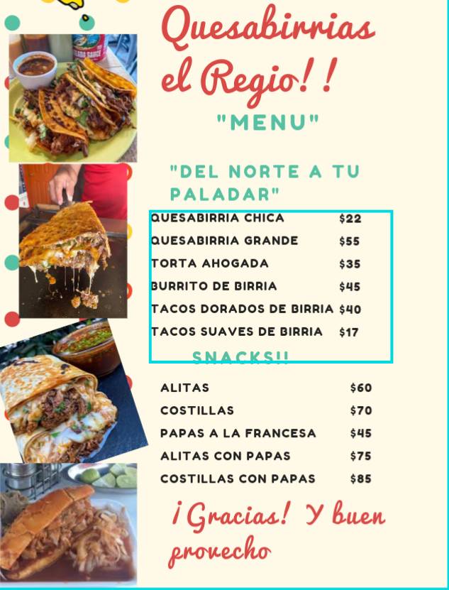 Menu at Quesabirrias el regio restaurant, Mexico City