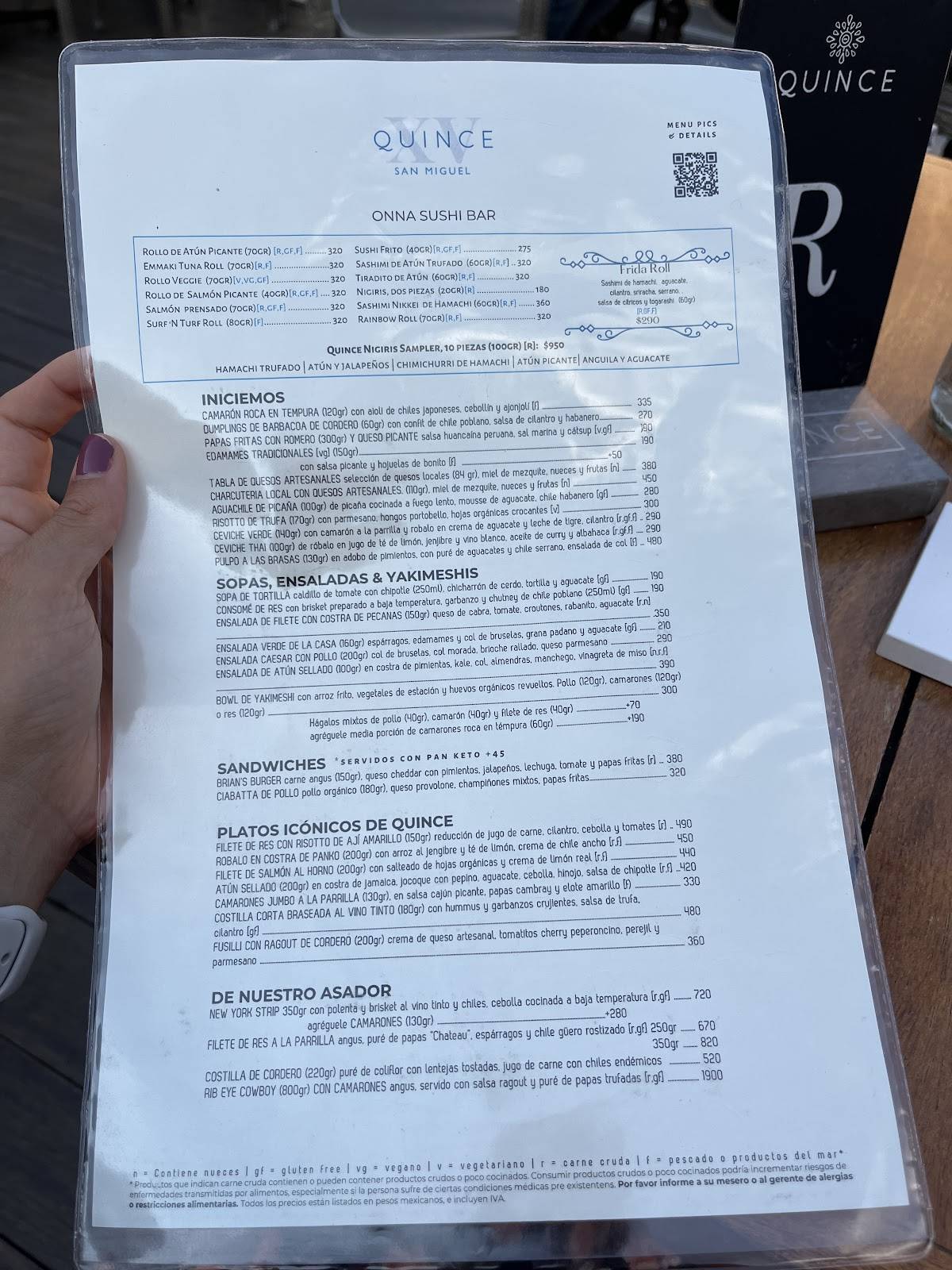Menu at Quince restaurant, San Miguel de Allende