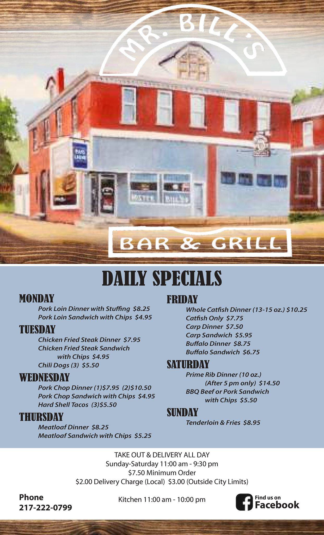 Menu at Mr Bill's Bar & Grill, Quincy