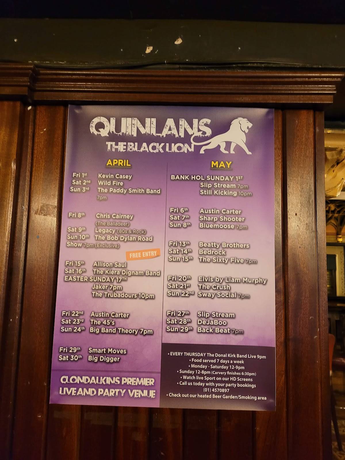Menu at Quinlan's - The Black Lion pub & bar, Clondalkin, Orchard Rd