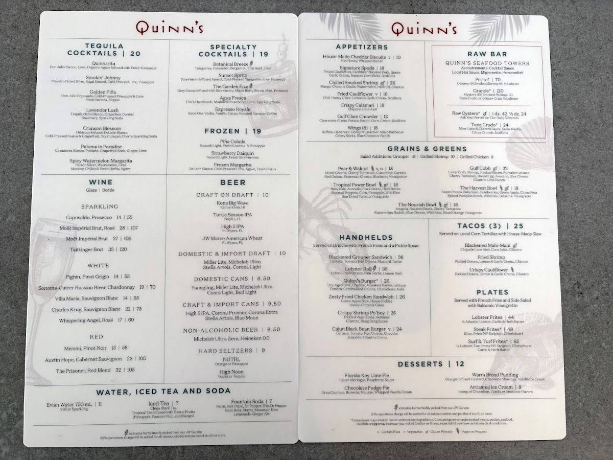 Carta del restaurante Quinn's at JW Marriott Marco Island, Marco Island