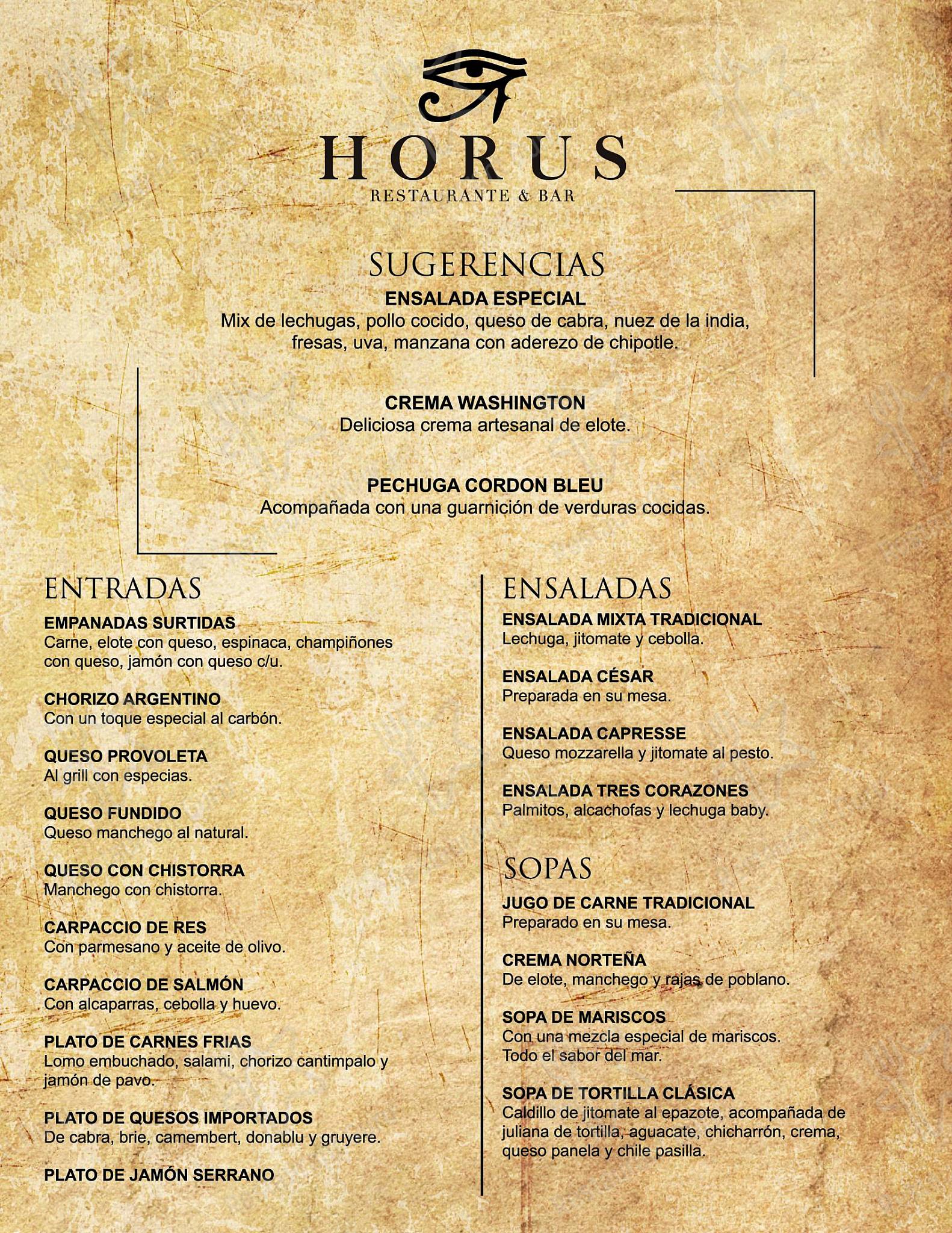 Carta de RESTAURANTE HORUS, Mexico