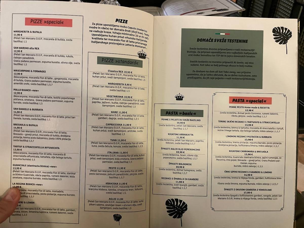 Menu at REX pizza, pasta, music restaurant, Ljubljana