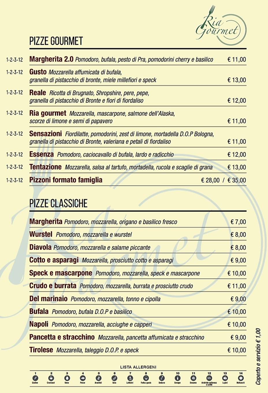 Menu at RIA GOURMET restaurant, Le Grazie