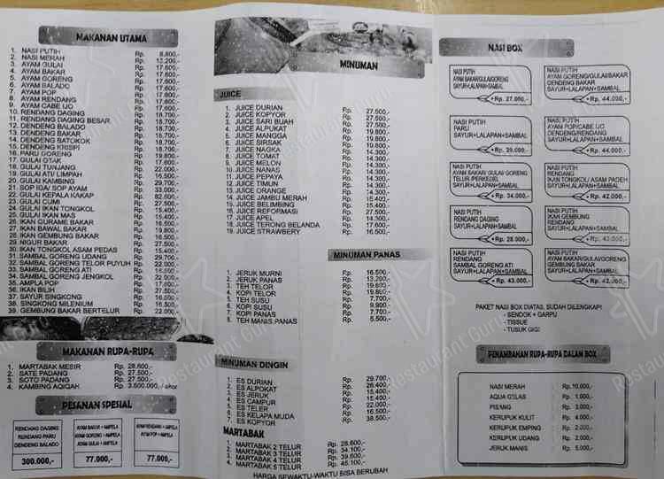 Menu at Sari Bungo restaurant, Bekasi Regency