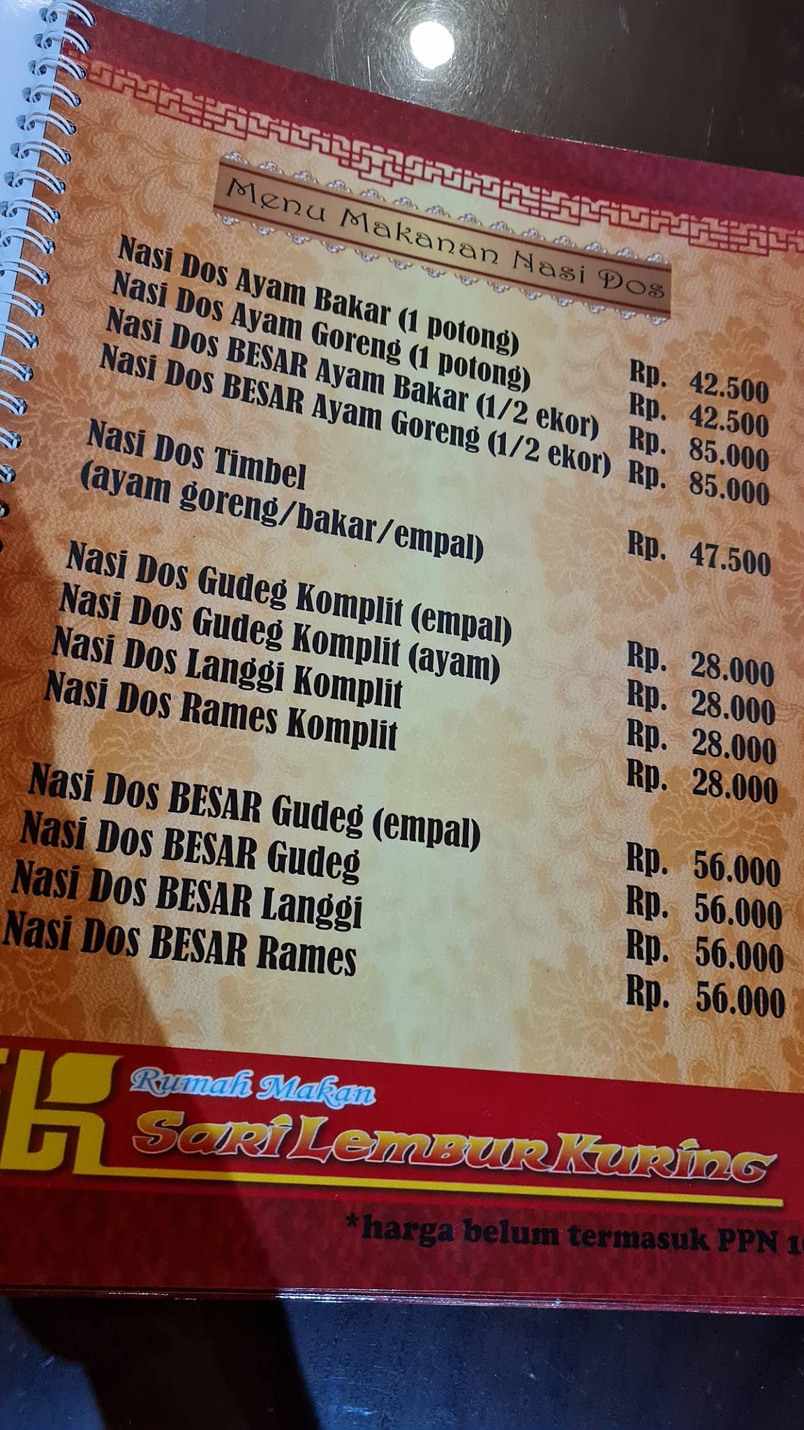 Menu at RM Sari Lembur Kuring restaurant, Kudus