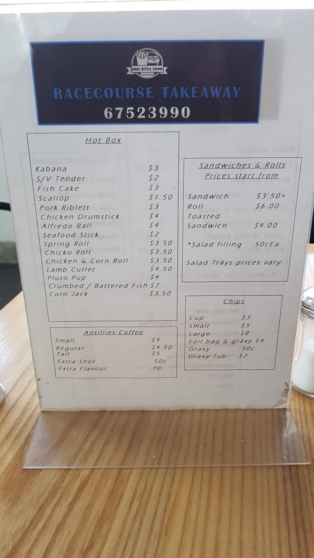 Menu at Racecourse Takeaway cafe, Moree