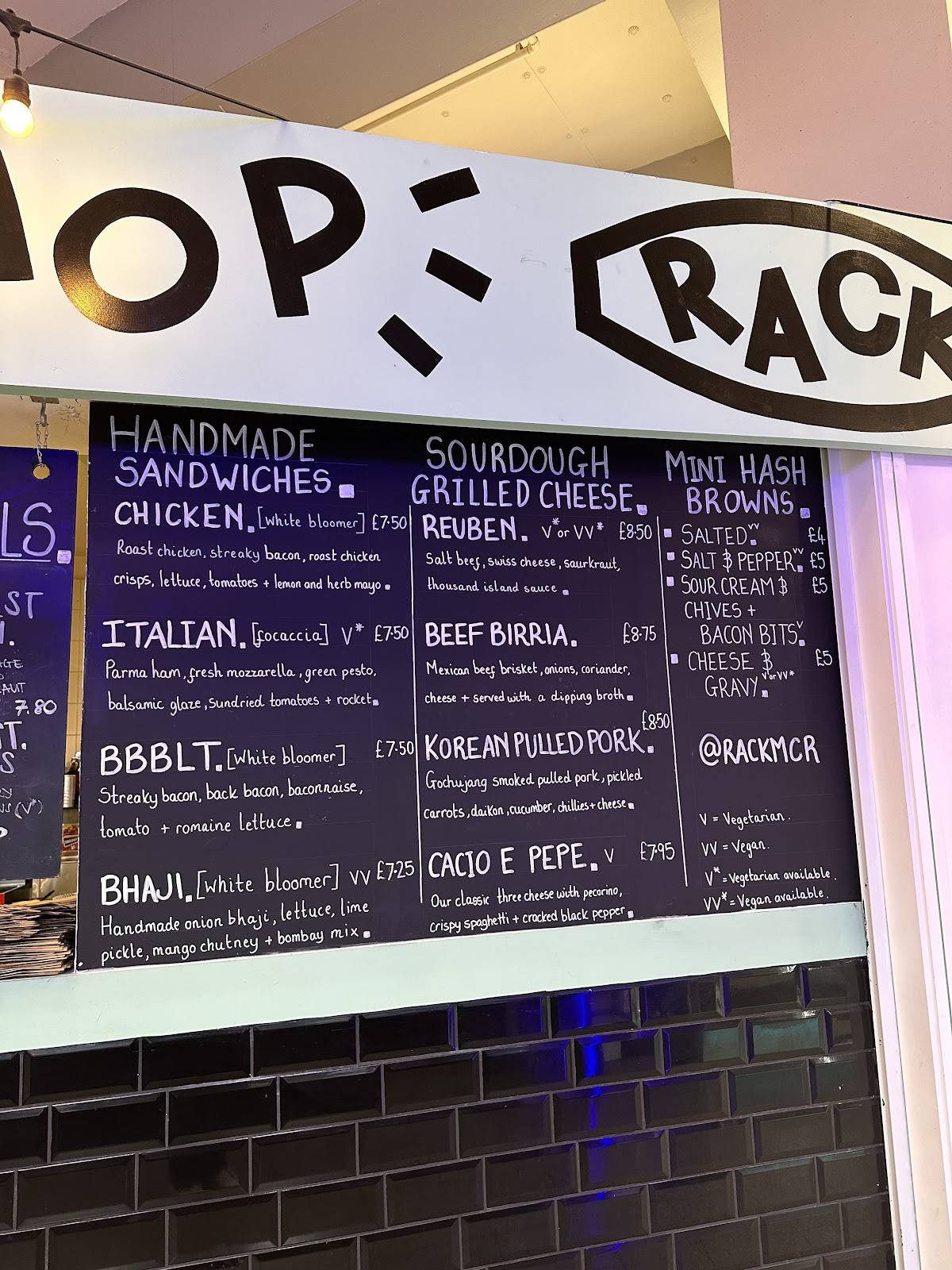 Menu at Rack fast food, Manchester