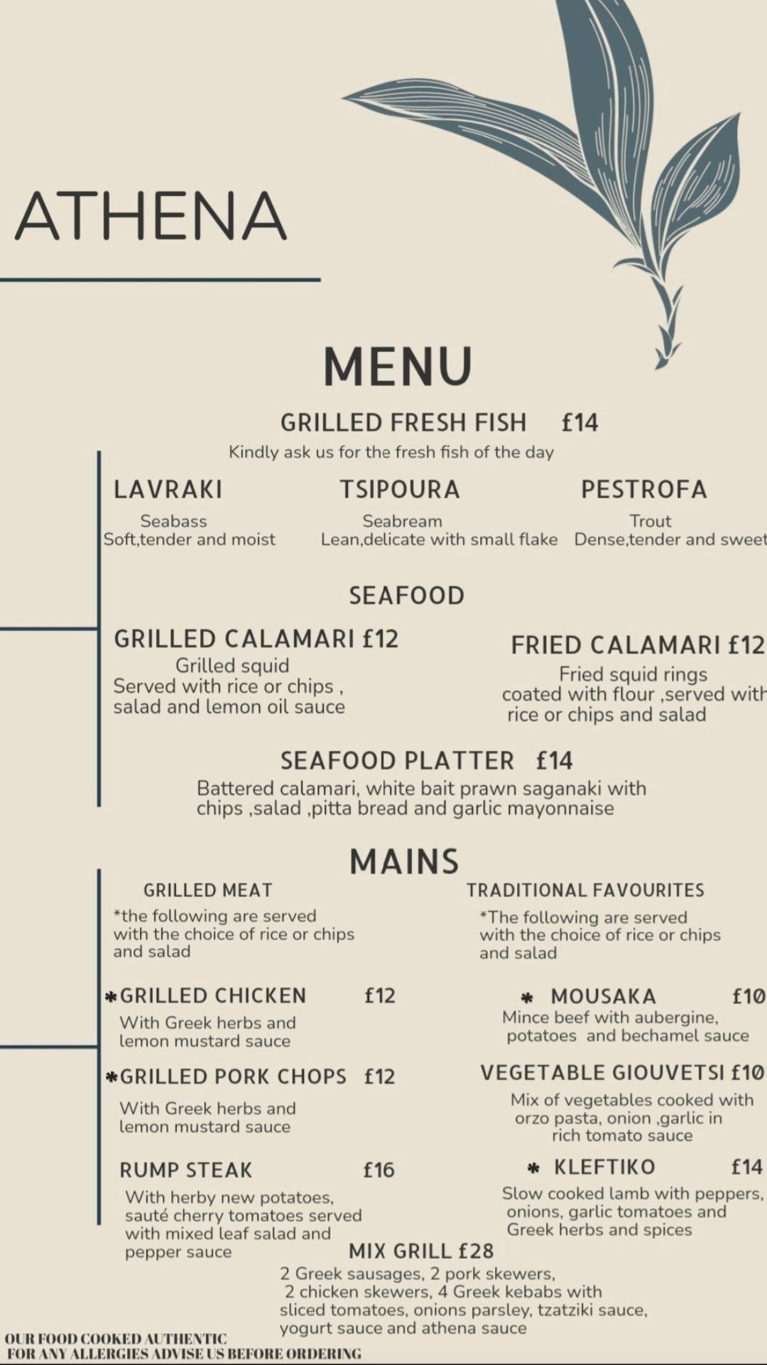 Menu at Athena restaurant, Radstock