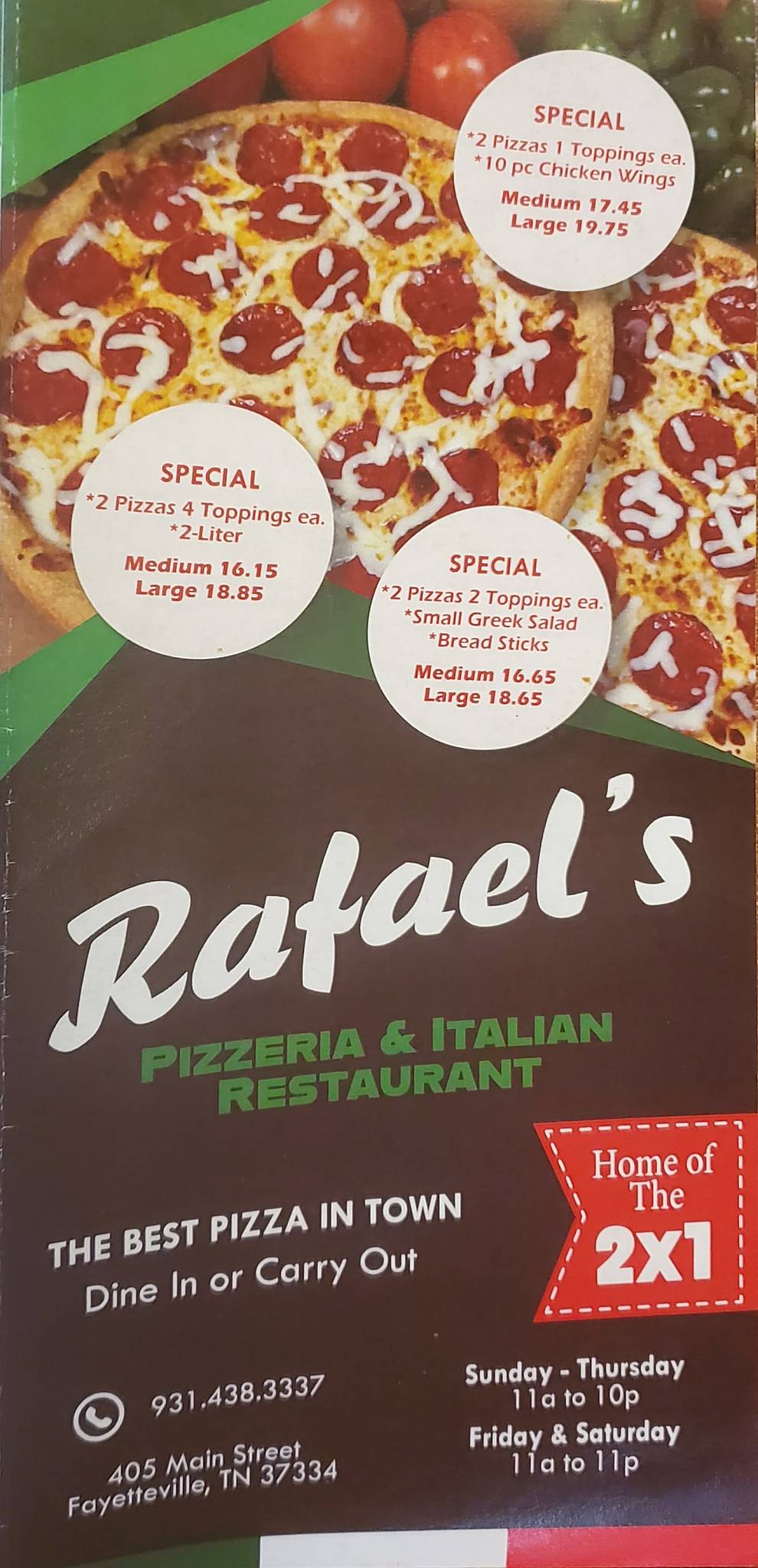 Menu at Rafael's Italian Restaurant, Fayetteville