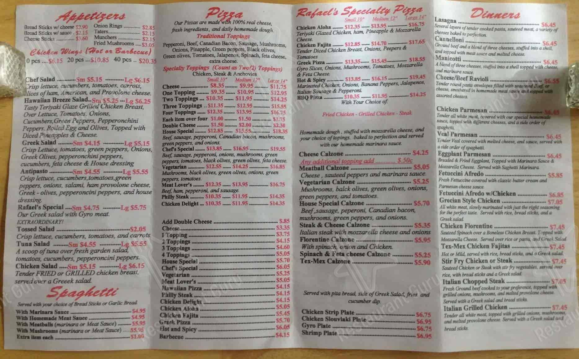 Menu at Rafael's Italian Restaurant, Fayetteville