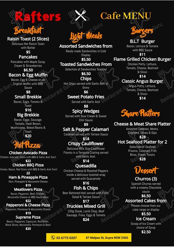 Menu at Rafters Diner restaurant, Guyra, Rafters