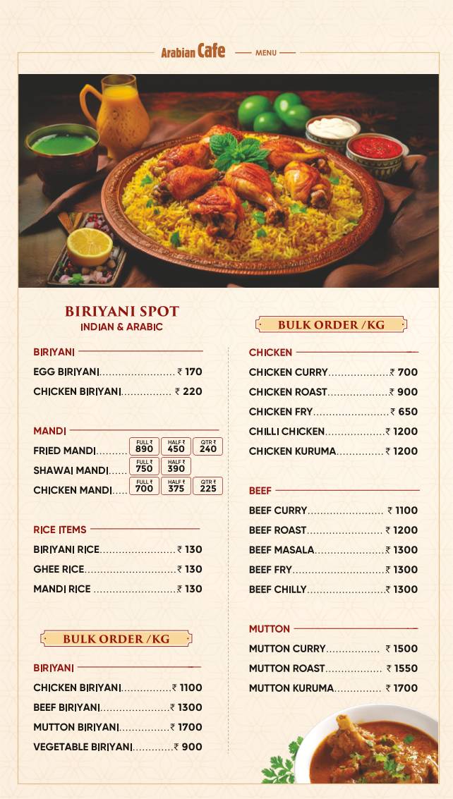 Menu at Rajakumari Arabian Cafe Parippally, Parippally
