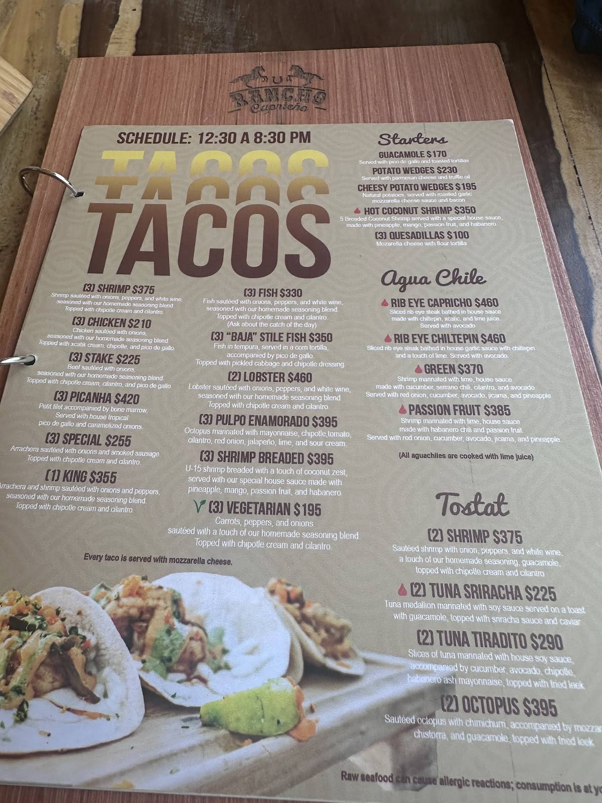 Menu at Rancho Capricho pub & bar, Isla Mujeres