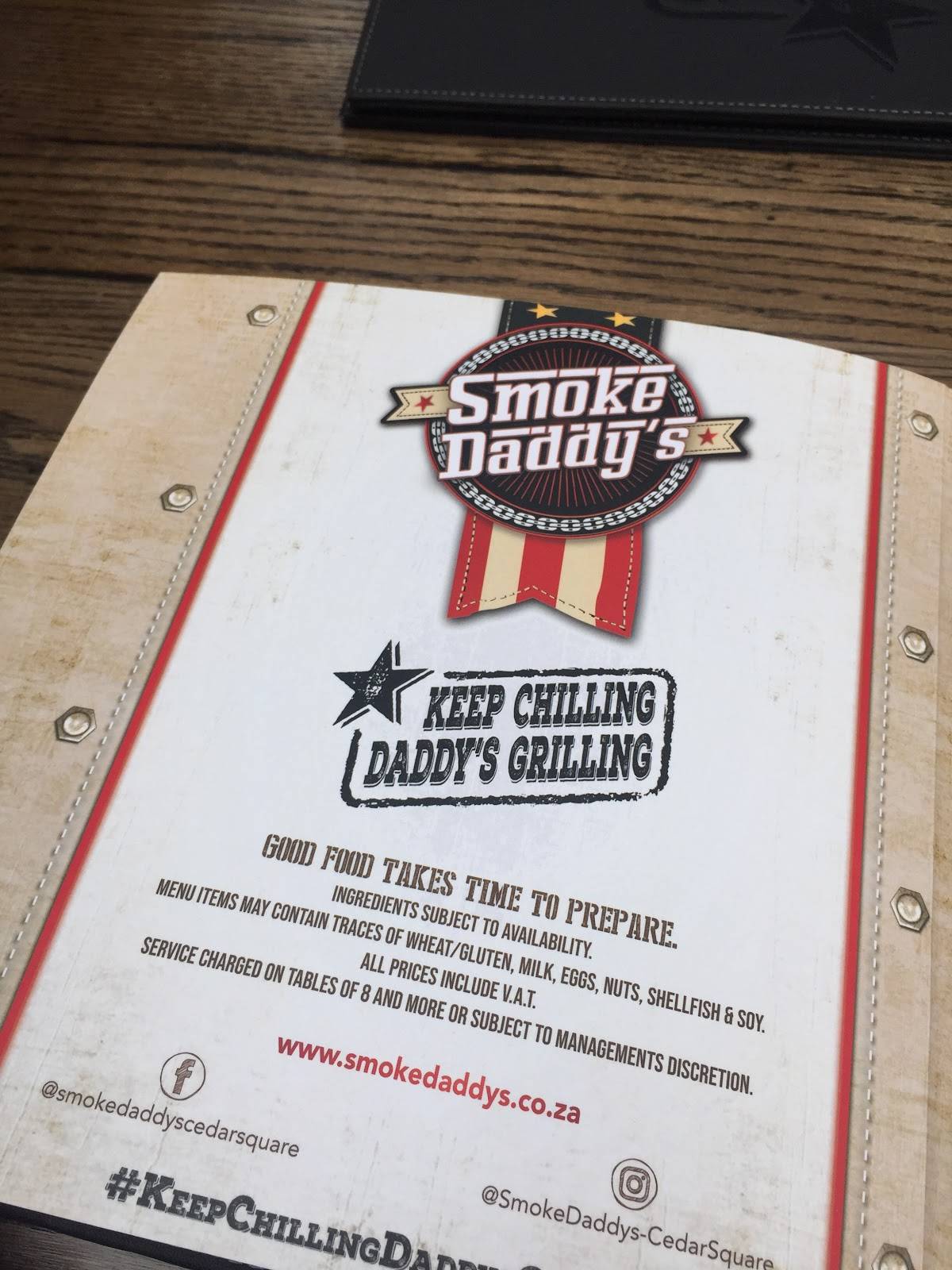 Menu at Smoke Daddy's restaurant, Randburg, Cedar Square Shopping Centre