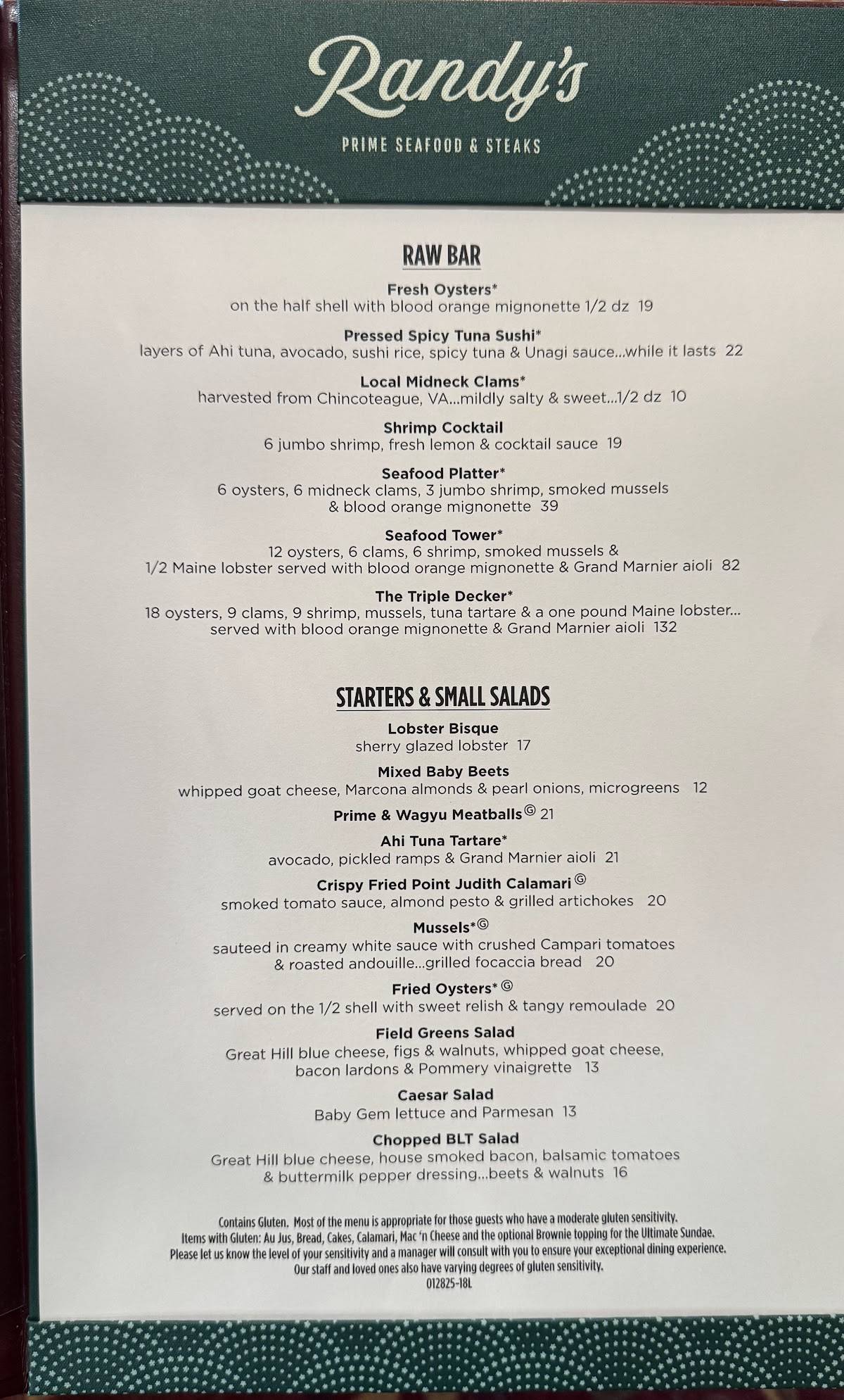 Menu at Randy's Prime Seafood and Steaks steakhouse, Vienna