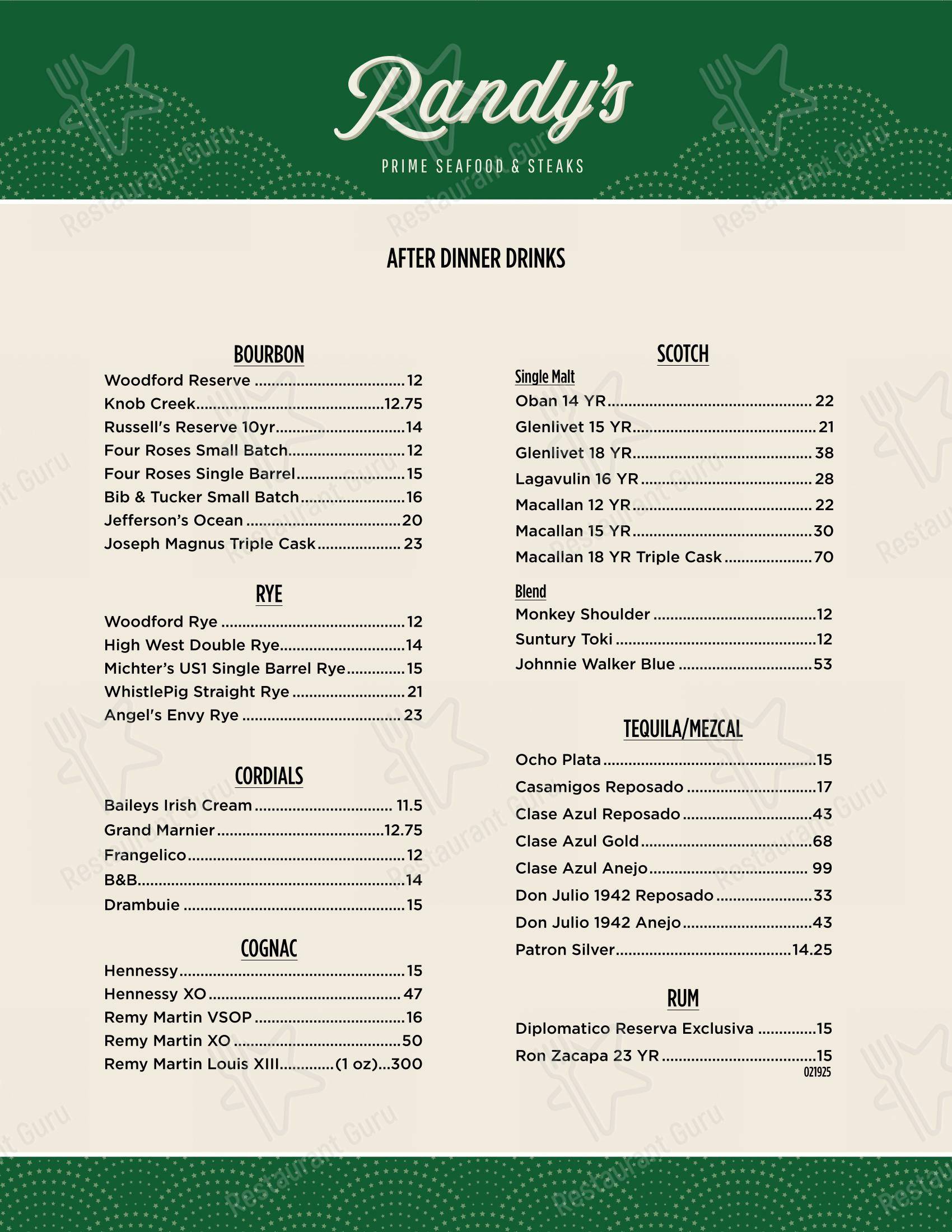 Menu at Randy's Prime Seafood and Steaks steakhouse, Vienna