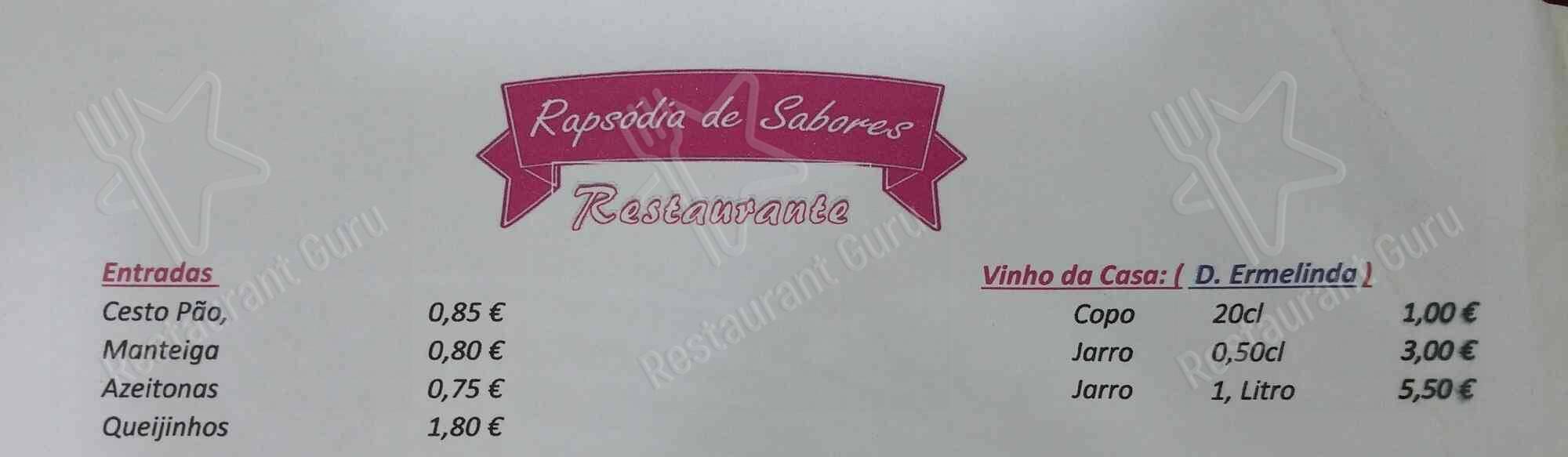 Menu em Rapsódia de Sabores restaurante, Lisboa, R. Quirino da Fonseca 24C