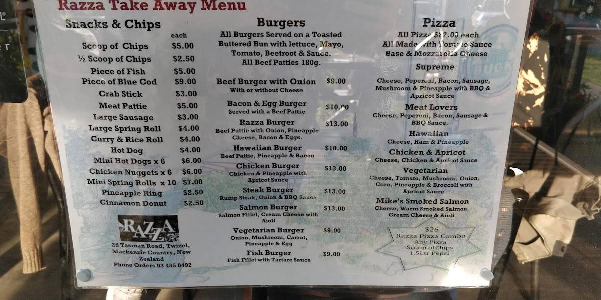 Menu at Razza Bar, Twizel