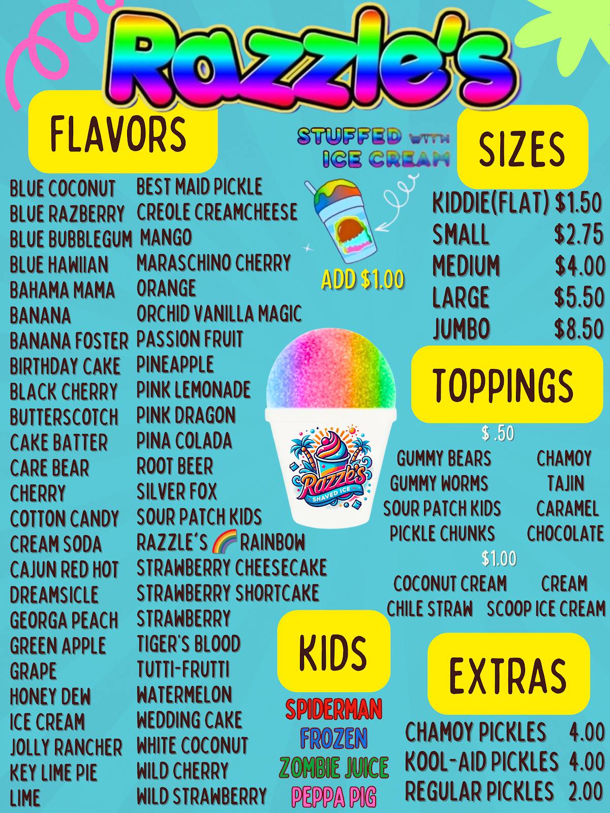 Menu at Razzle's Shaved Ice desserts, Wichita Falls