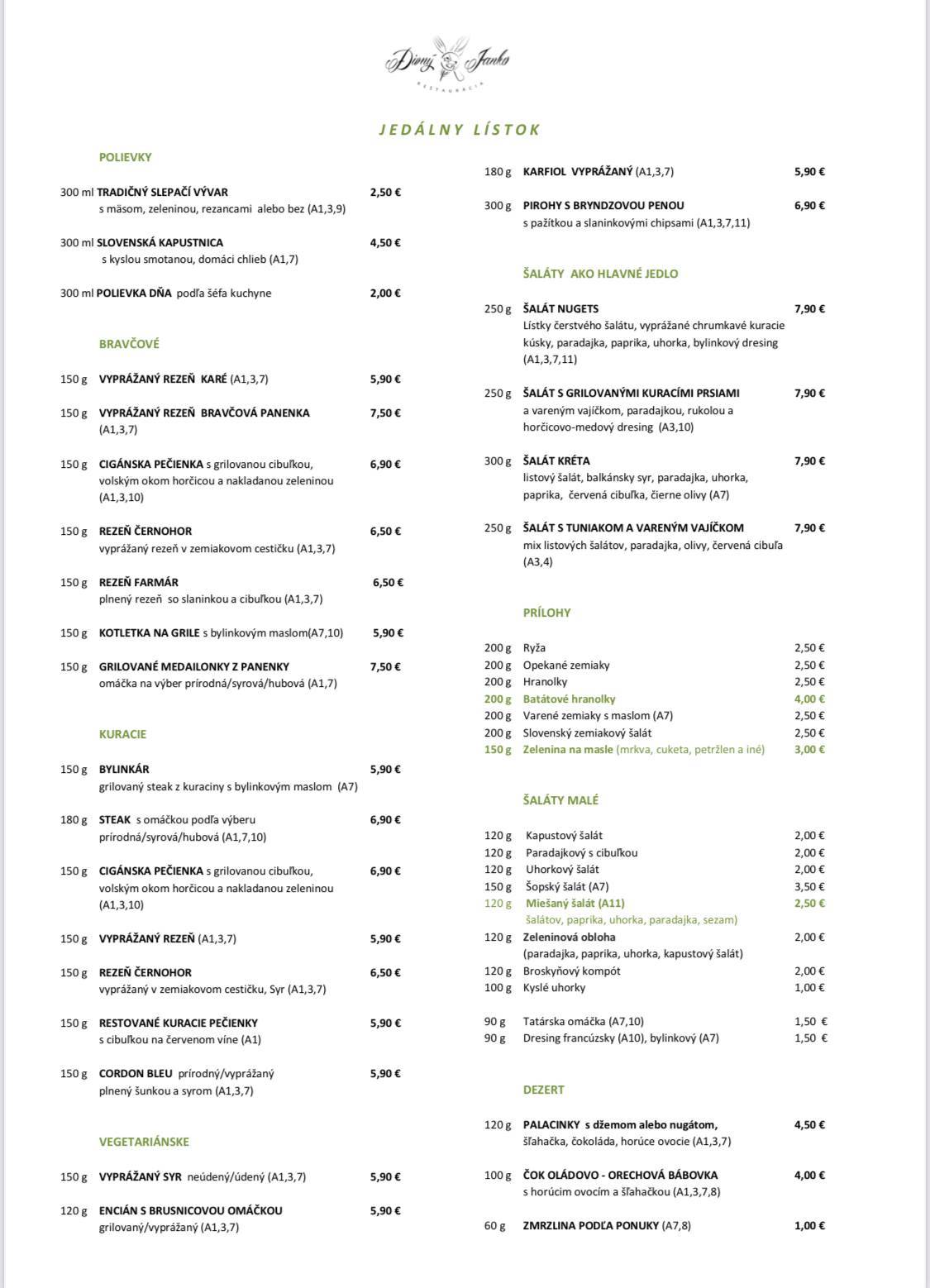 Menu at Reštaurácia Divný Janko restaurant, Bratislava
