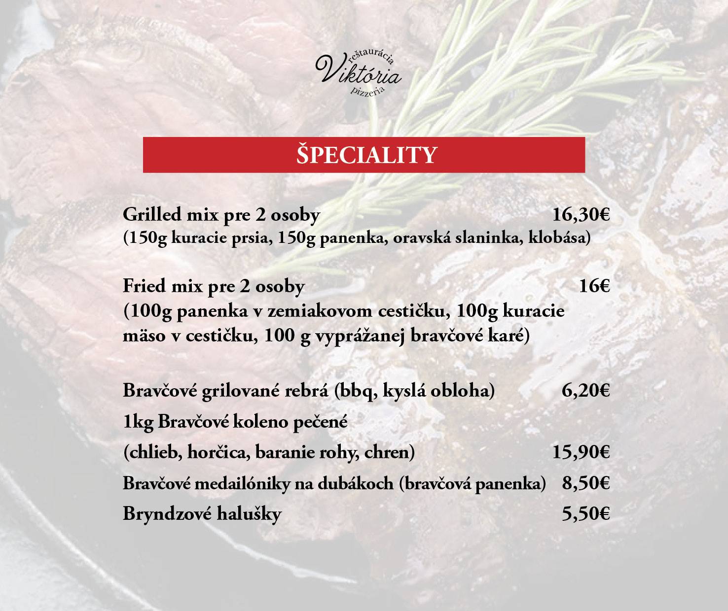 Speisekarte von Reštaurácia Viktória restaurant, Bernolákovo