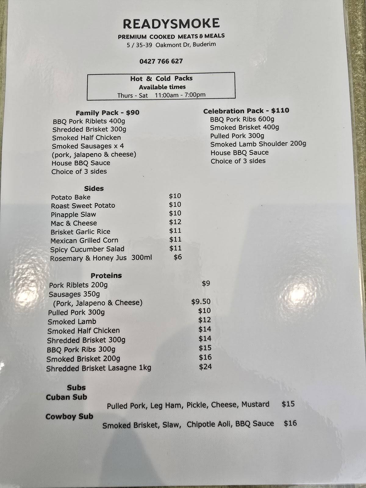 Menu at ReadySmoke Meats, Mountain Creek
