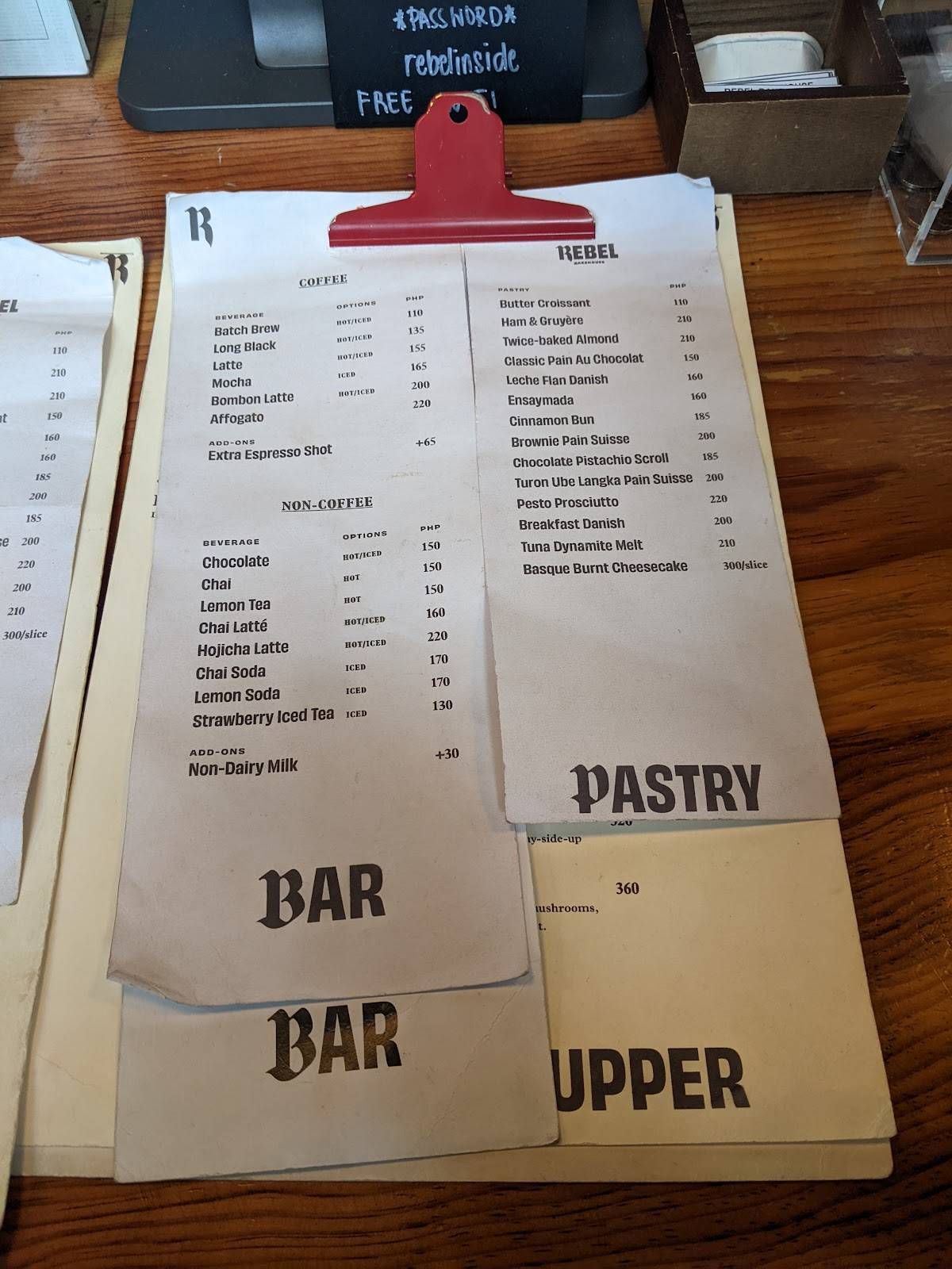 Menu at Rebel Bakehouse restaurant, Baguio, KM. 3 Naguilian Rd