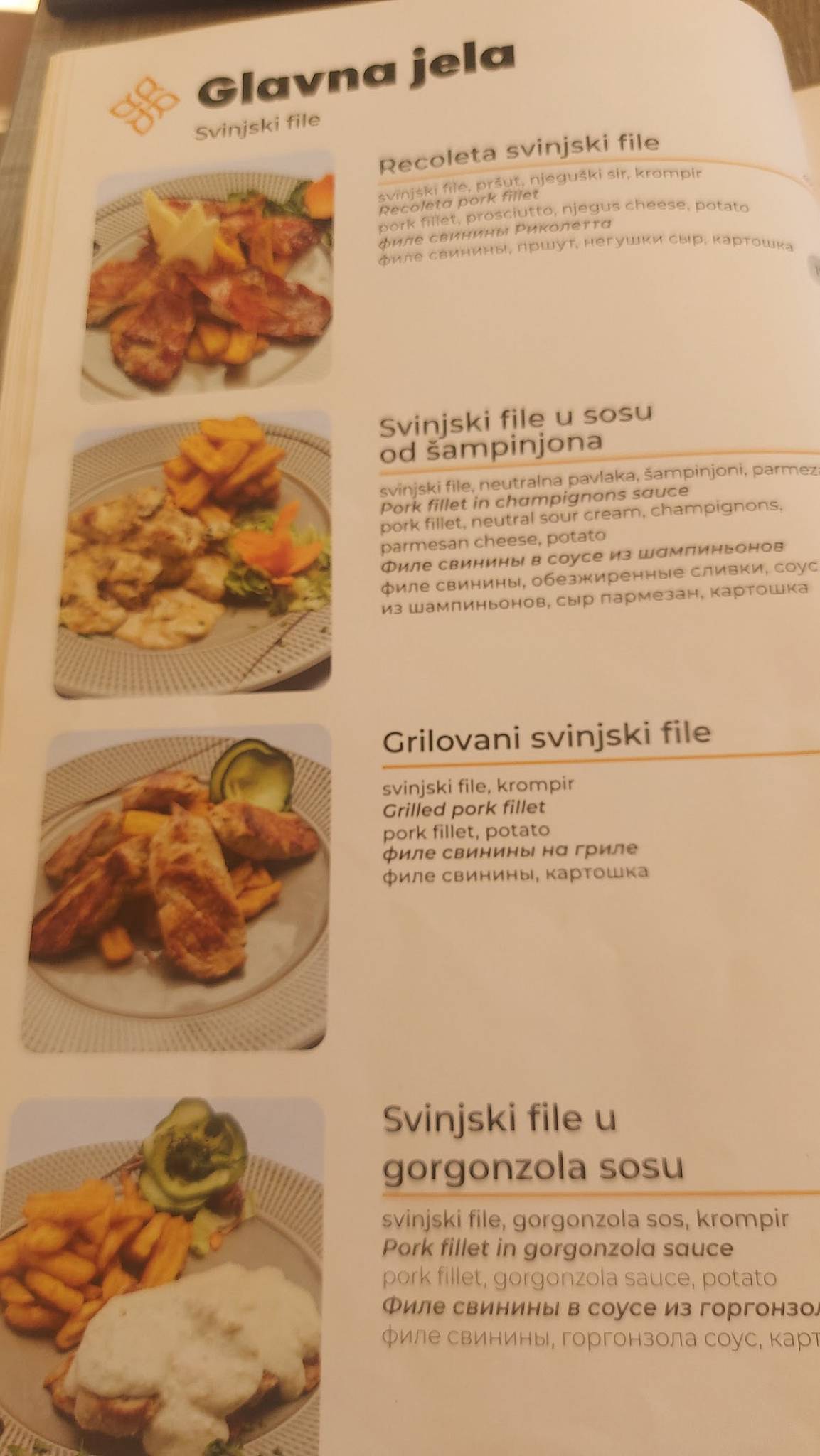 Menu at Recoleta restaurant, Tivat