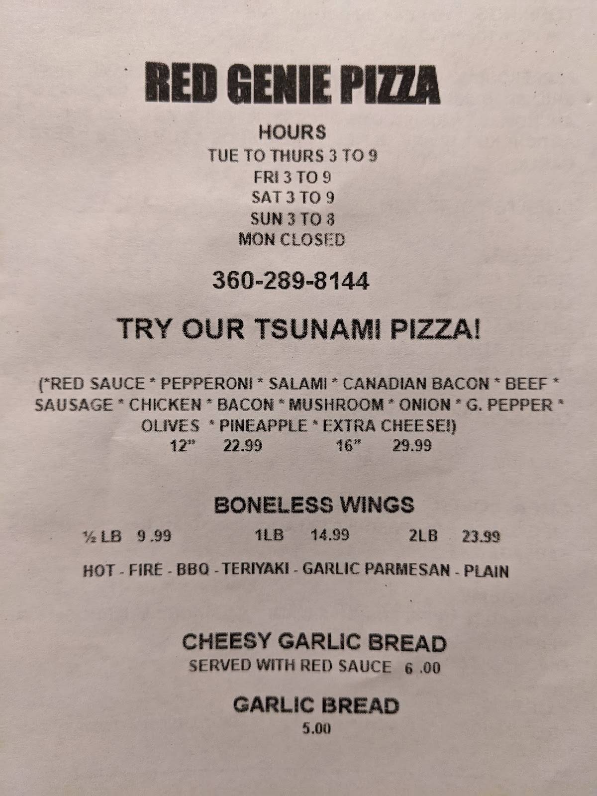 Menu at Red Genie Pizza pizzeria, Ocean Shores, 766 Ocean Shores Blvd NW