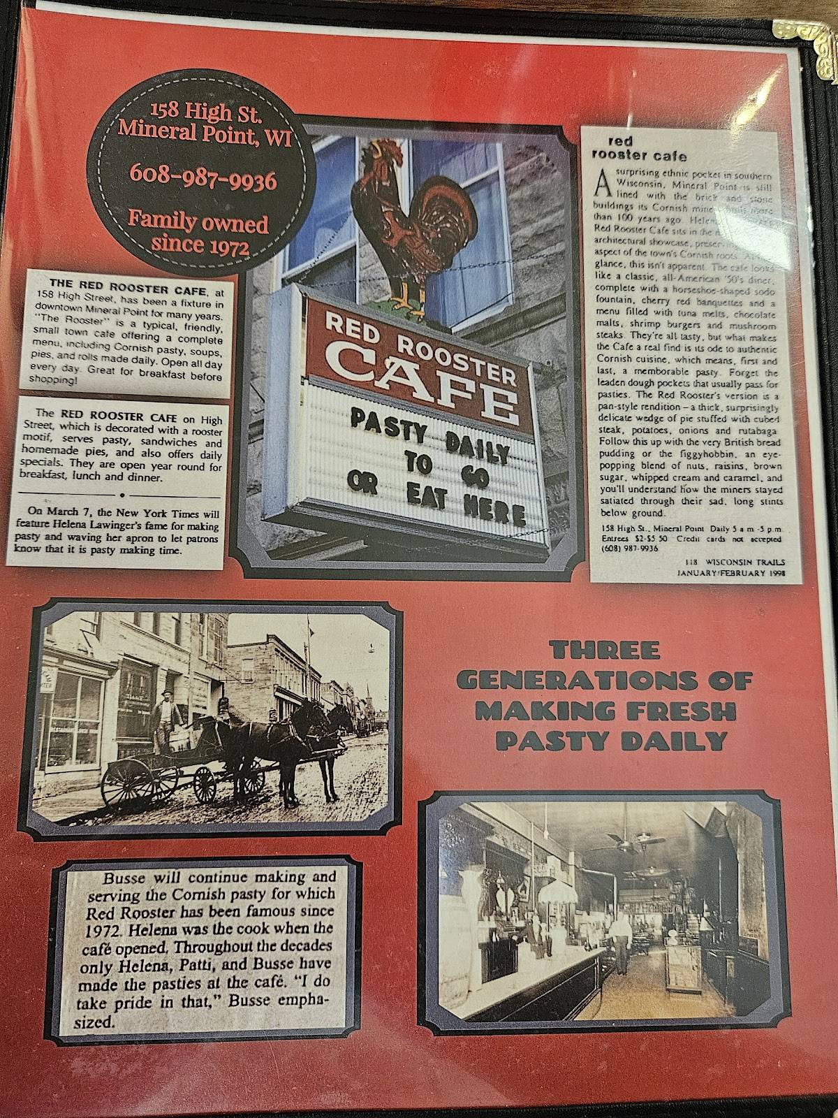 Menu at Red Rooster Cafe, Mineral Point