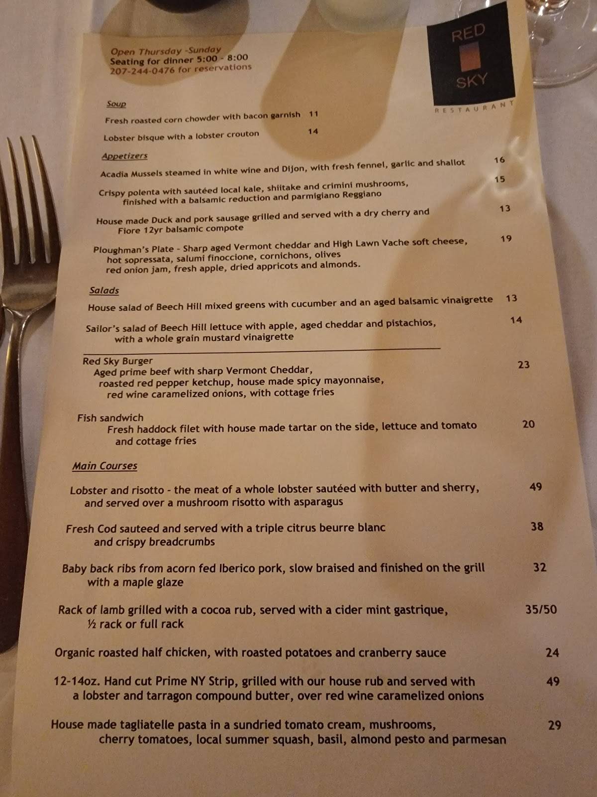 Menu at Red Sky Restaurant, Southwest Harbor