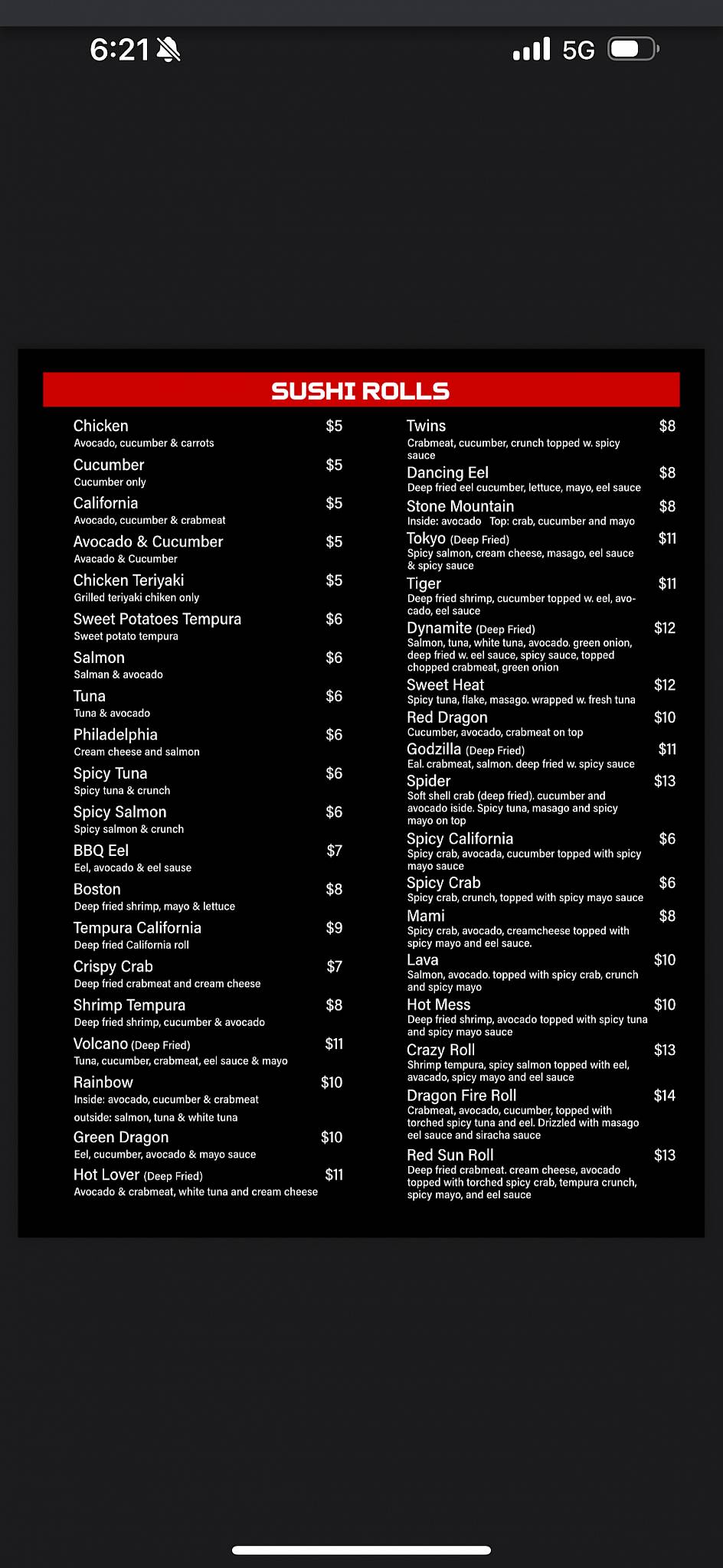 Menu at Red Sun restaurant, Greenwood