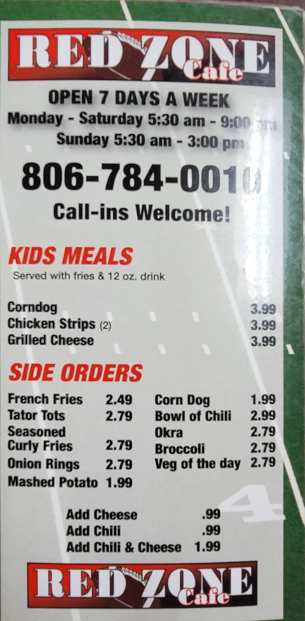 Menu at Red Zone Cafe, Lubbock, Slide Rd