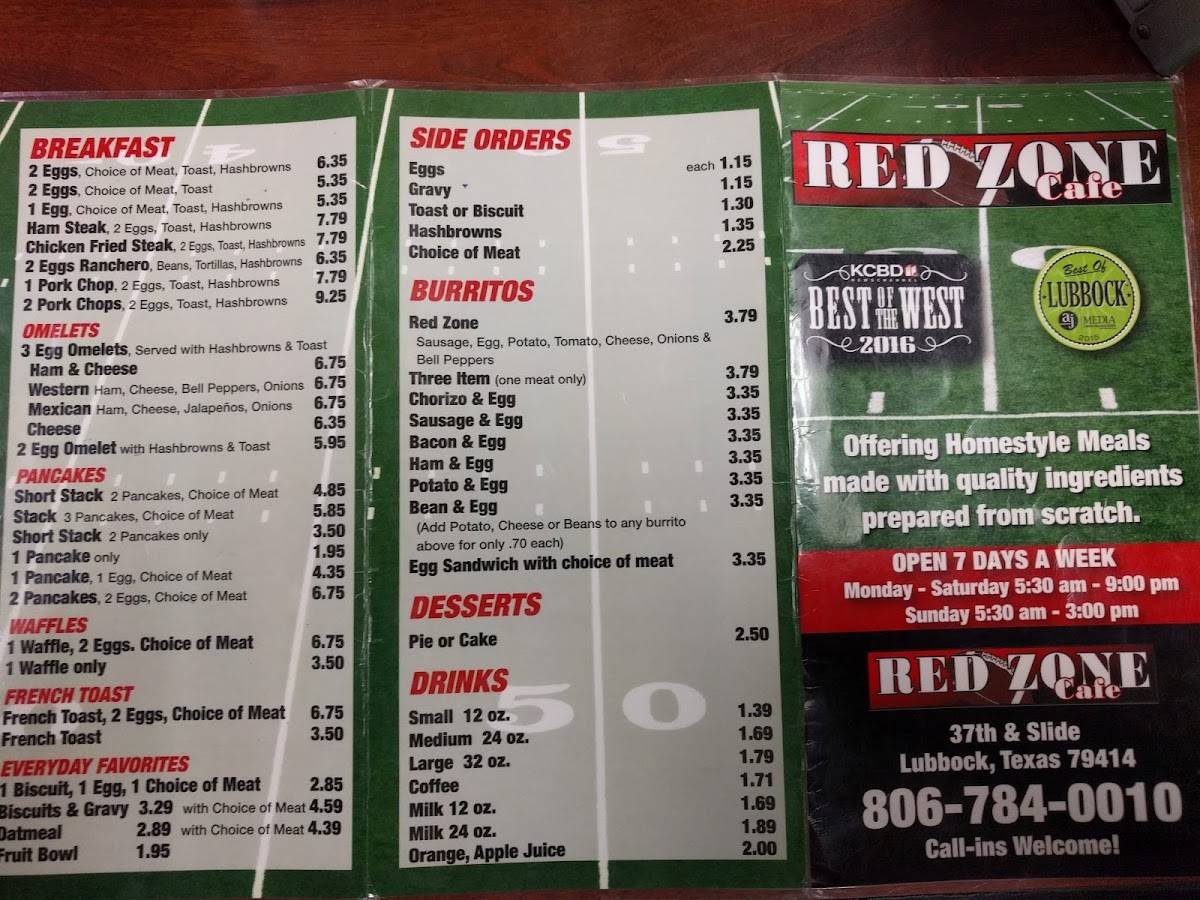Menu at Red Zone Cafe, Lubbock, Slide Rd