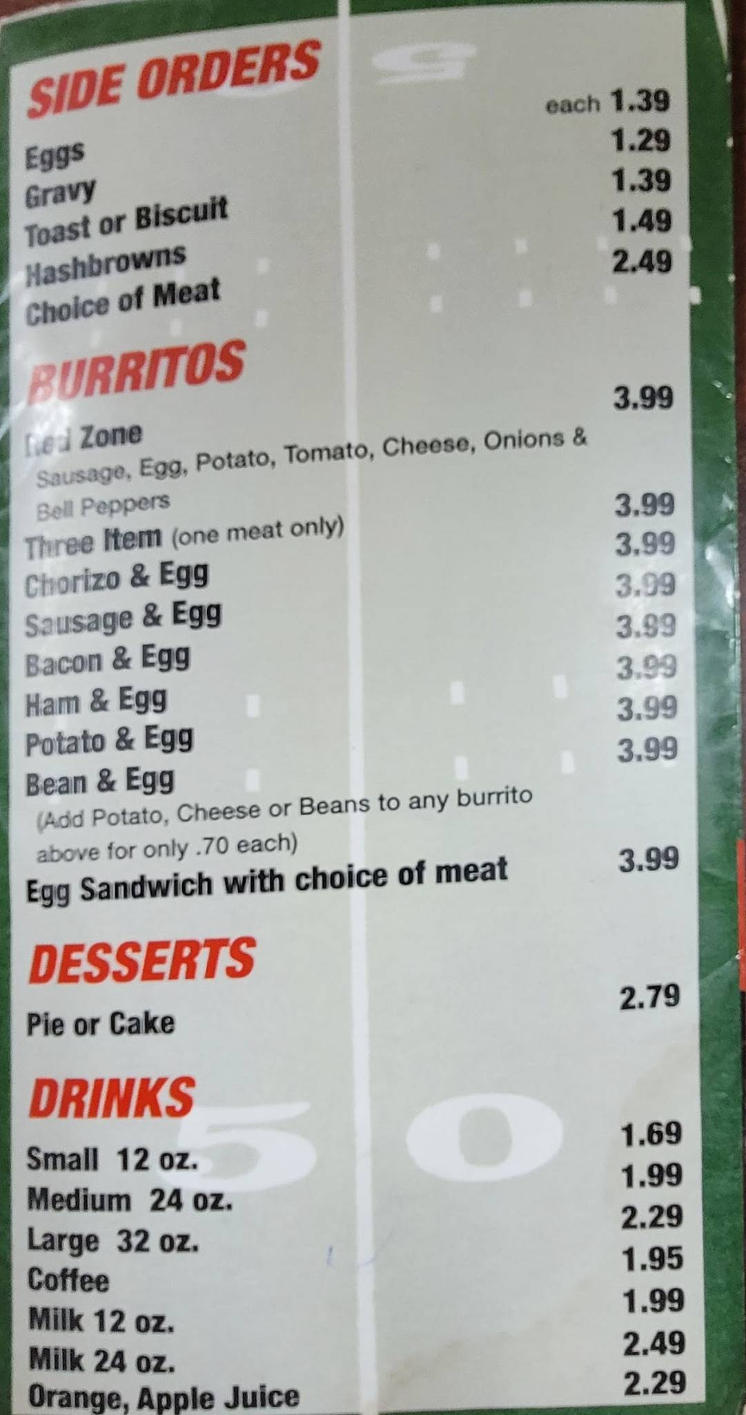 Menu at Red Zone Cafe, Lubbock, Slide Rd