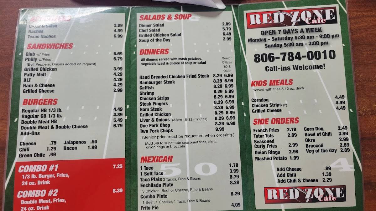 Menu at Red Zone Cafe, Lubbock, Slide Rd